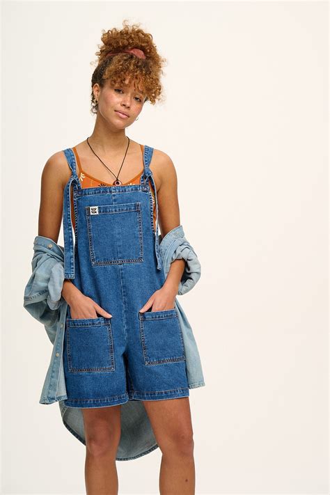 Original Denim Dungaree Shorts In Mid Wash Blue Lucy And Yak