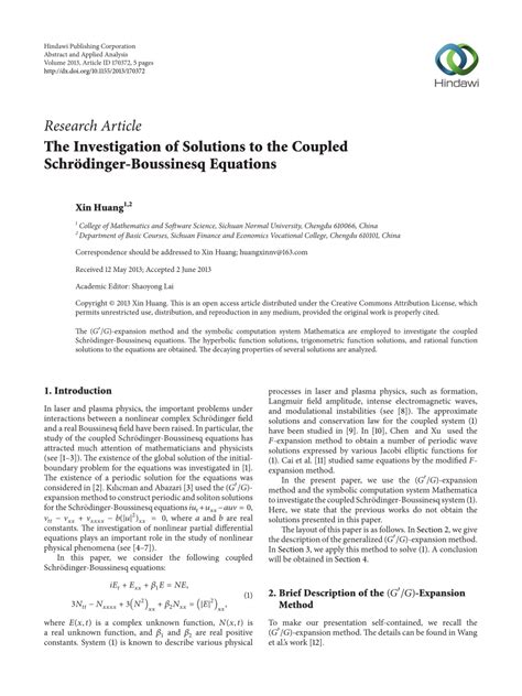 Pdf The Investigation Of Solutions To The Coupled Schrödinger Boussinesq Equations