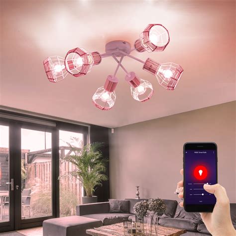 Bundle Smart Rgb Led Cage Ceiling Lamp White Wood Raffia Spotlight