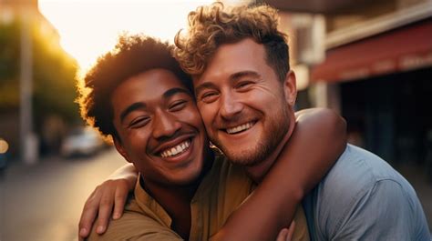Premium Photo Homosexual Couple Happily Hugging And Smiling Outdoors