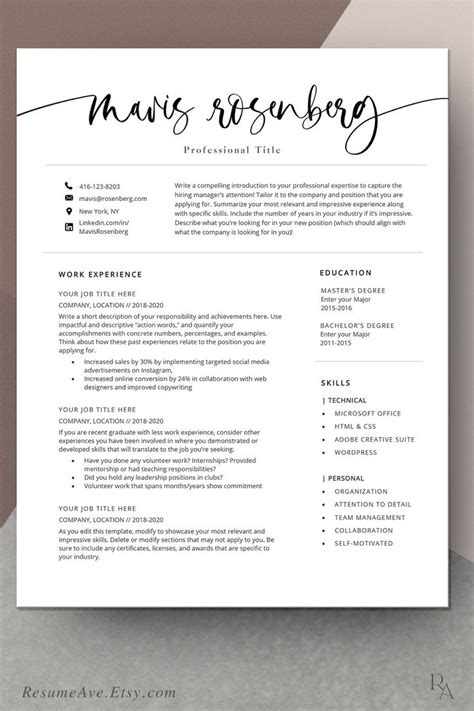Resume Template Instant Download With Calligraphy Name Etsy Canada Resume Template Teacher