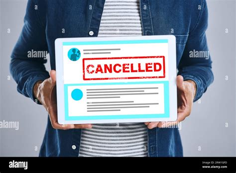 Cancel Culture Opinion And Tablet Screen With Hands Of Person For