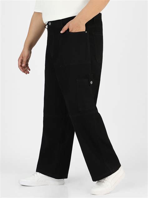 Plus Mens Black Loose Baggy Fit Washed Cargo Jeans With 6 Pockets Non