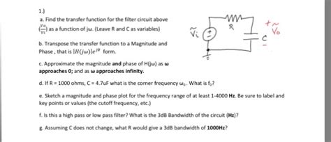solved find the transfer function for the filter circuit