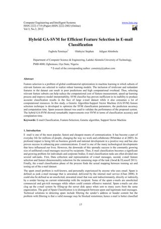 Hybrid Ga Svm For Efficient Feature Selection In E Mail Classification