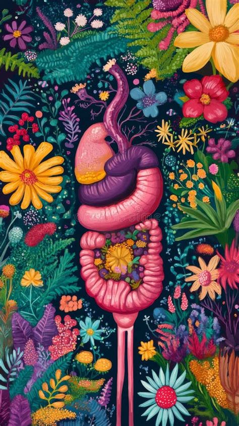 Vibrant Illustration Of Digestive System Amid Lush Floral Design Stock