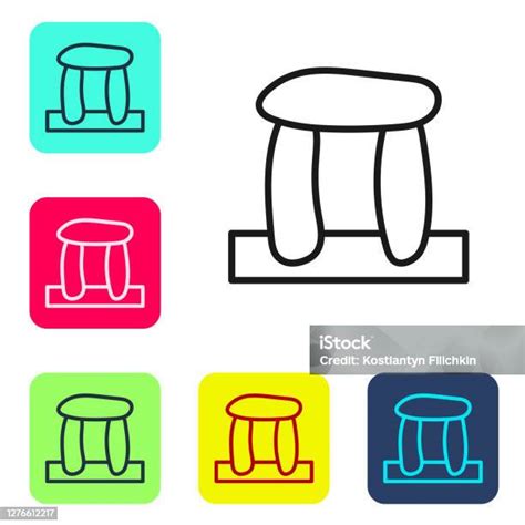 흰색 배경에 격리 된 검은 줄 스톤 헨지 아이콘 색상 정사각형 단추로 아이콘을 설정합니다 벡터 개념에 대한 스톡 벡터 아트 및 기타 이미지 Istock