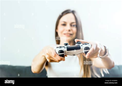 Lovely Girl Plays Video Game Stock Photo Alamy