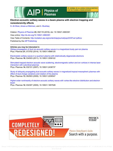 Pdf Electron Acoustic Solitary Waves In A Beam Plasma With Electron Trapping And