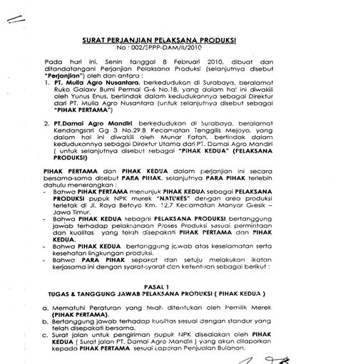 Surat Perjanjian Pelaksanaan Produksi Pt Damai Agro Manunggal