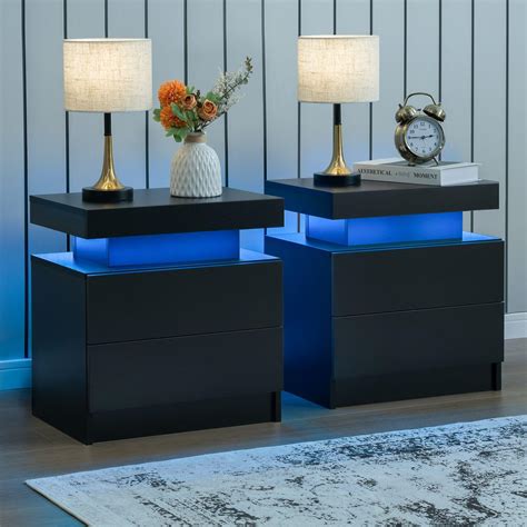 Cubehom Black Nightstand Led Set Of 2 Black Bedside Table