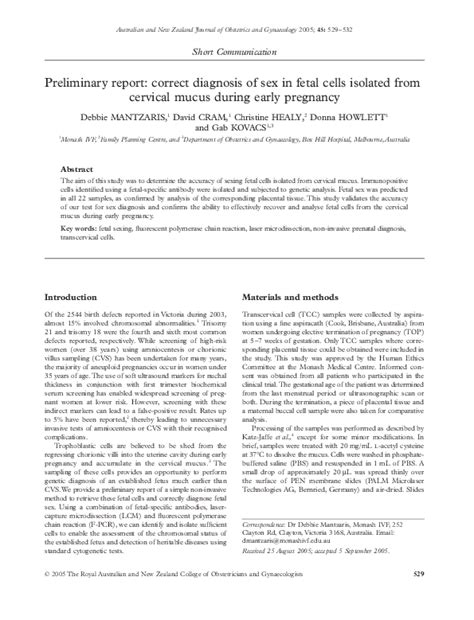 Pdf Preliminary Report Correct Diagnosis Of Sex In Fetal Cells Isolated From Cervical Mucus