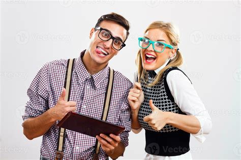 Nerds Using Digital Tablet And Showing Thumb Up Stock Photo At Vecteezy