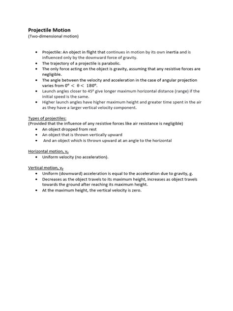 Projectile Motion Summary Pdf