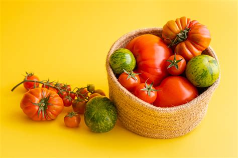 노란색 배경에 체리 가보와 얼룩말 등 토마토의 다양한 바구니 0명에 대한 스톡 사진 및 기타 이미지 0명 건강한 식생활