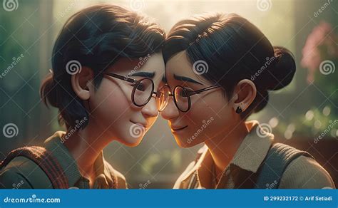 A Cartoon Couple Of Girls Walking Together And Playing Happily Stock