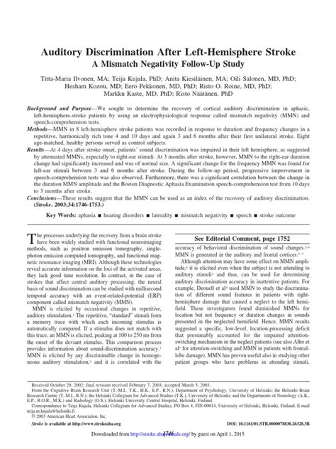 2003 Auditory Discrimination After Left Hemisphere Stroke A Mismatch Negativity Follow Up