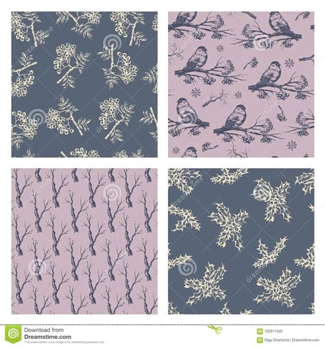 Bullfinch Branches Rowan Berry Seamless Pattern Stock Vector