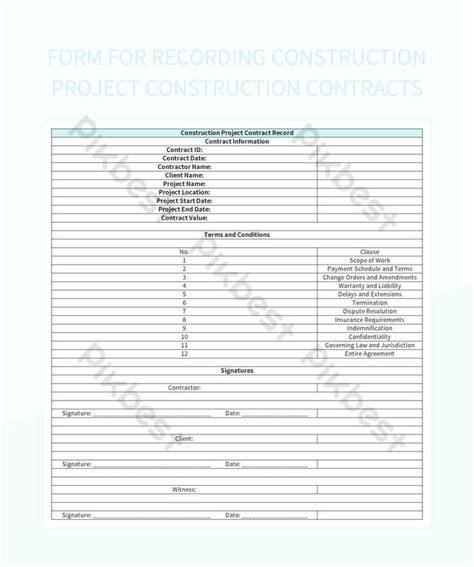 Effective Form For Documenting Construction Project Contracts Excel Template Free Download
