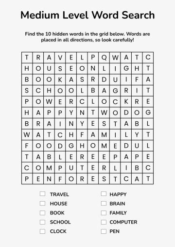 Free Medium Level Word Search Puzzle Template To Edit Online