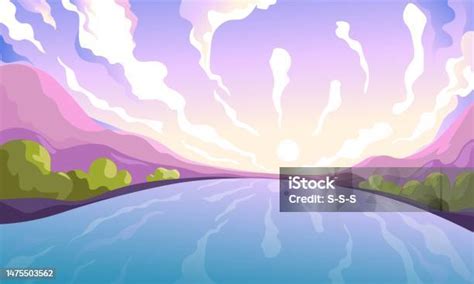 강 풍경에 새벽 차분한 그림 강이나 호수 수평선 일출 장면 이른 햇살 하늘과 산 만화 여름 자연 관점 배경 벡터 일러스트 레이 션 0명에 대한 스톡 벡터 아트 및 기타