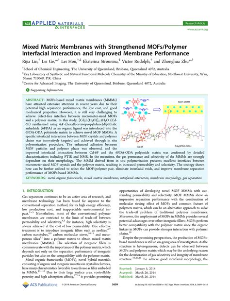 Pdf Mixed Matrix Membranes With Strengthened Mofspolymer Interfacial Interaction And Improved
