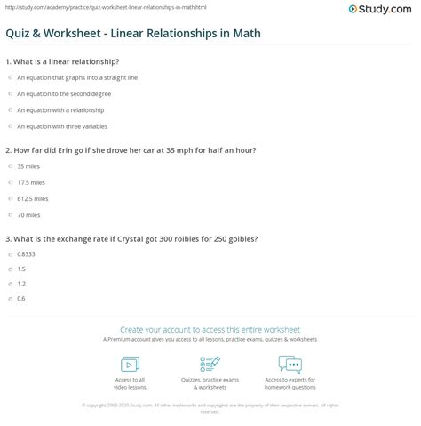 Quiz And Worksheet Linear Relationships In Math