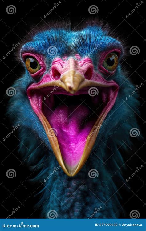 A Close Up Of An Ostrich S Face With Its Mouth Open Generative Ai