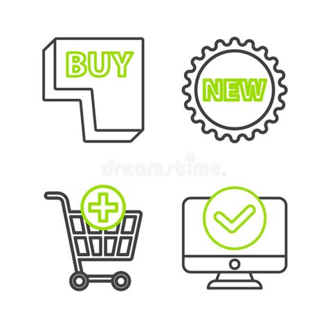 Set Line Computer Monitor Add Shopping Cart Price Tag With New And Buy Button Icon Vector