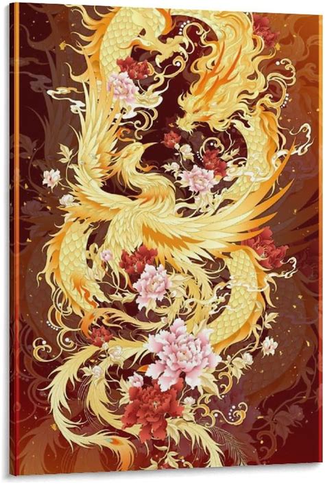 Jp 絵画 龍と鳳凰が吉兆を演出インテリア 絵画 黄金の龍と鳳凰アートパネル 壁の絵 ポスター 壁掛け ソファの背景絵画 玄関 壁飾り 絵画 木枠付きの完成品