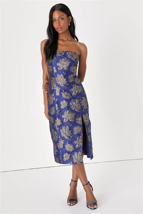 Lulus Extravagant Charm Navy Blue Floral Jacquard Strapless Midi Dress