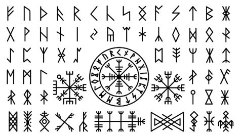 Futhark 바이킹 북유럽 아이슬란드 미스터리 컬렉션 보호 기호와 룬 마법의 북유럽 고대 요소 켈트 신화 괜찮은 벡터 세트