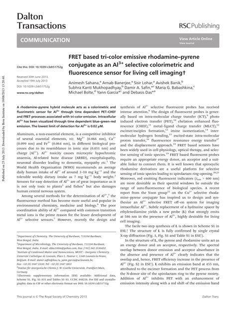 Pdf Fret Based Tri Color Emissive Rhodamine Pyrene Conjugate As An Al3 Selective Colorimetric