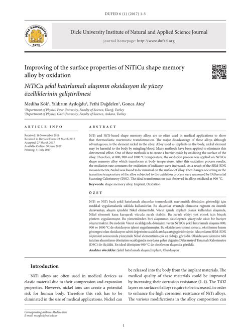 PDF Improving Of The Surface Properties Of NiTiCu Shape Memory Alloy By Oxidation