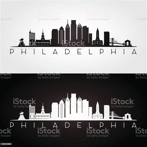 필라델피아 미국 명소와 스카이 라인 실루엣 흑인과 백인 디자인 벡터 일러스트 레이 션 필라델피아 펜실베이니아에 대한 스톡 벡터 아트 및 기타 이미지 필라델피아