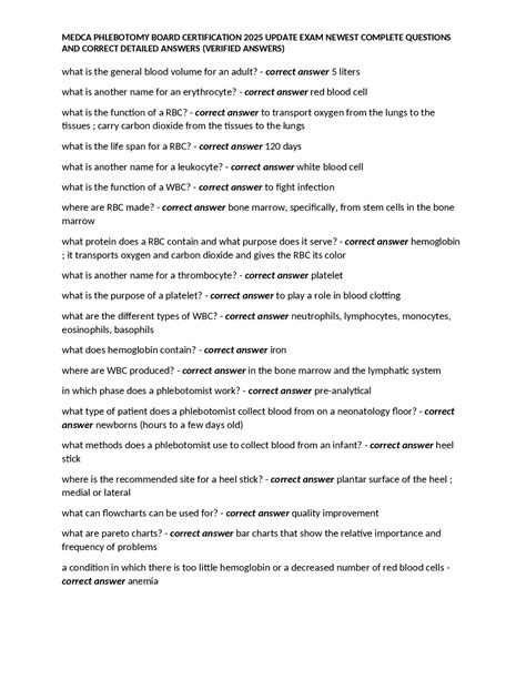 Medca Phlebotomy Board Certification 2025 Update Exam Questions And