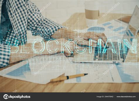Blockchain Theme Hud With Man Working On Computer On Background