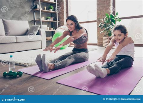 Sportive Family Concept Adorable Excited Cheerful Joyous Beautiful Step Sisters Are Doing Sport