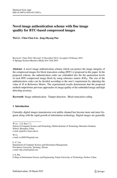 Pdf Novel Image Authentication Scheme With Fine Image Quality For Btc Based Compressed Images