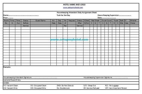 Room Attendant Sheet Maid Daily Assignment Sheet Housekeeping