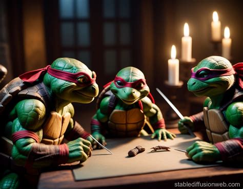 Ninja Turtles Doing The Act Of Draw On Canvas While The Rat Master