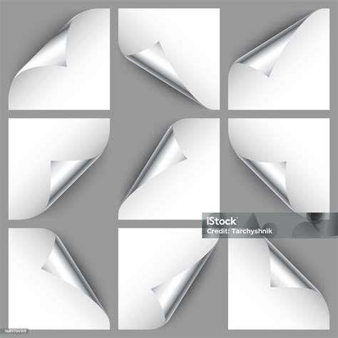 은색 종이 컬 세트입니다 그림자가 있는 구부러진 페이지 모서리입니다 빈 종이입니다 화려한 반짝이는 호일 광고 및 판촉을 위한 디자인 요소 벡터 그림입니다 던지기에 대한 스톡