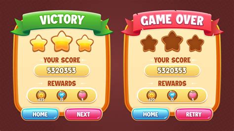 Game Ui Vector Set Victory And Game Over Popups Buttons Coin