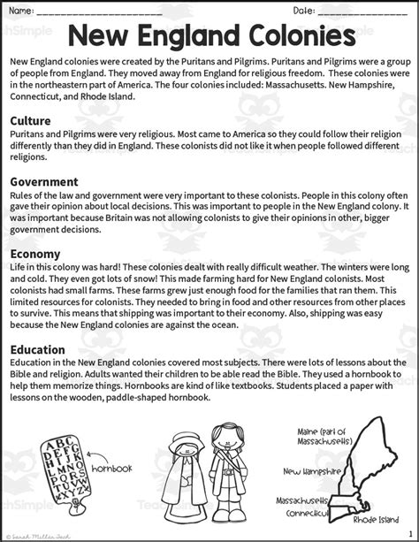 New England Colonies Reading Activity Packet Worksheets Library