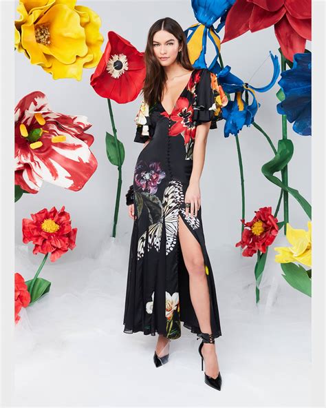 Alice Olivia Fara Deep V Neck Flutter Sleeve Maxi Dress Neiman Marcus