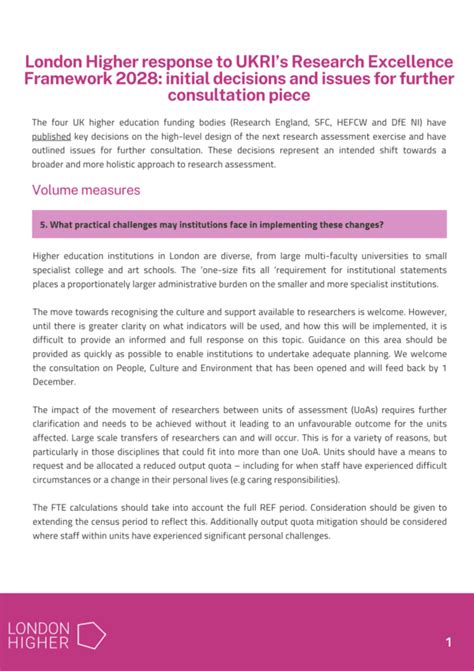 London Higher Response To Ukris Research Excellence Framework 2028