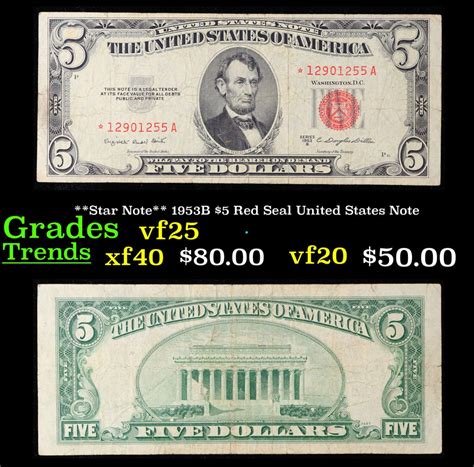 Star Note 1953b 5 Red Seal United States Note Grades Vf Auction