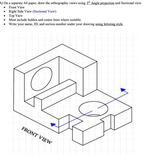 solved a on a separate a4 paper draw the orthographic views using 3r