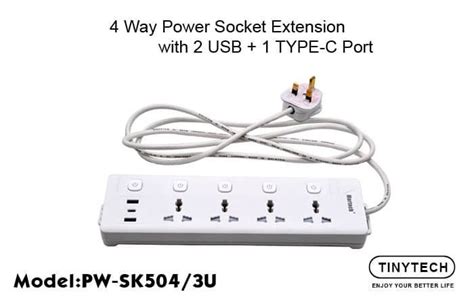 Tinytech 4 Way Power Socket Extension With 2 Usb 1 Type C Port Tv And Home Appliances