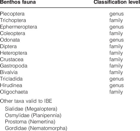 Benthos Taxa Valid To Ibe And Classification Level Required